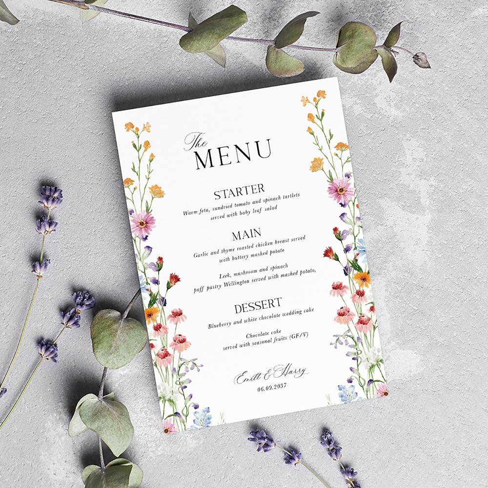 Wildflower Wedding Menu With Floral Border|A5, 5x7 & A6
